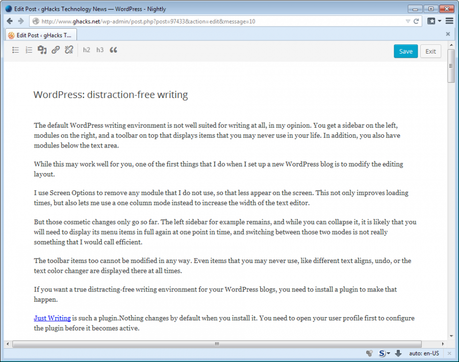 WordPress: distraction-free writing - gHacks Tech News