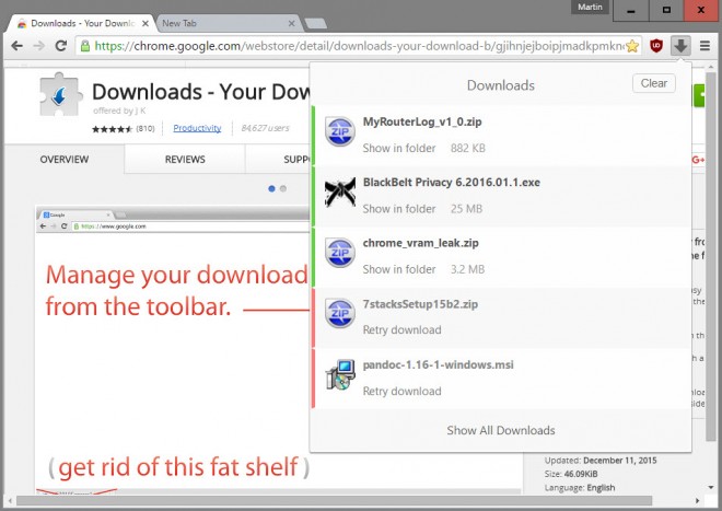Replace Chrome's Download Toolbar with an icon - gHacks Tech News