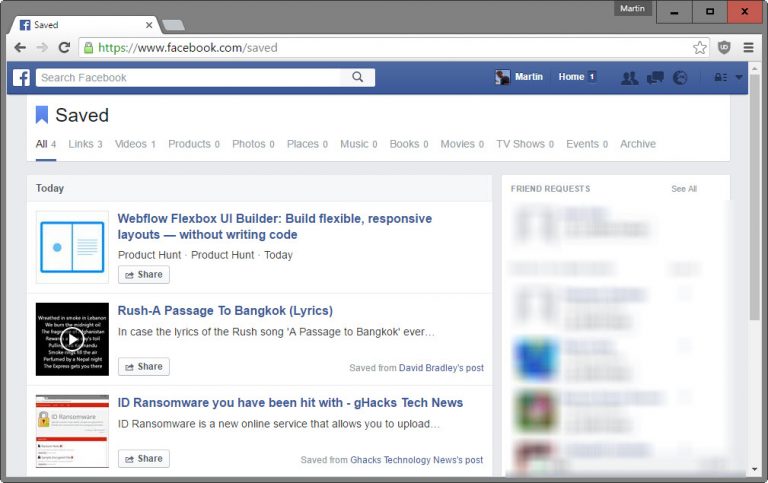Save to Facebook first look - gHacks Tech News