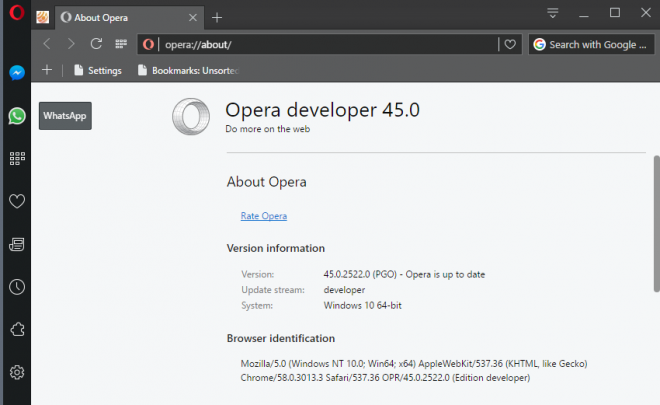 Opera Developer 45 with WhatsApp Messenger integration - gHacks Tech News