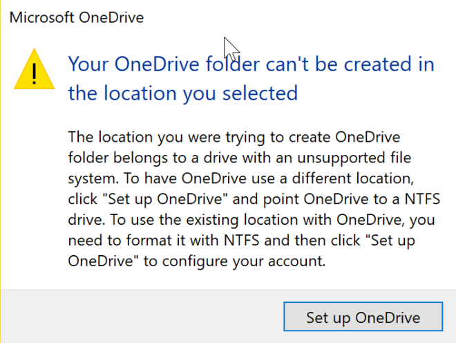 OneDrive blocks all non-NTFS locations - gHacks Tech News