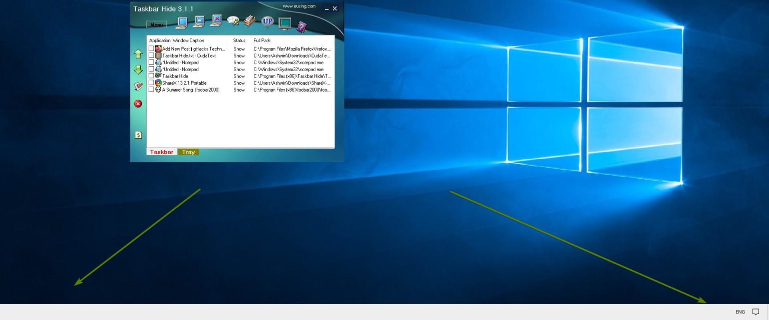 Taskbar Hide is a freeware tool that allows you to hide program windows ...