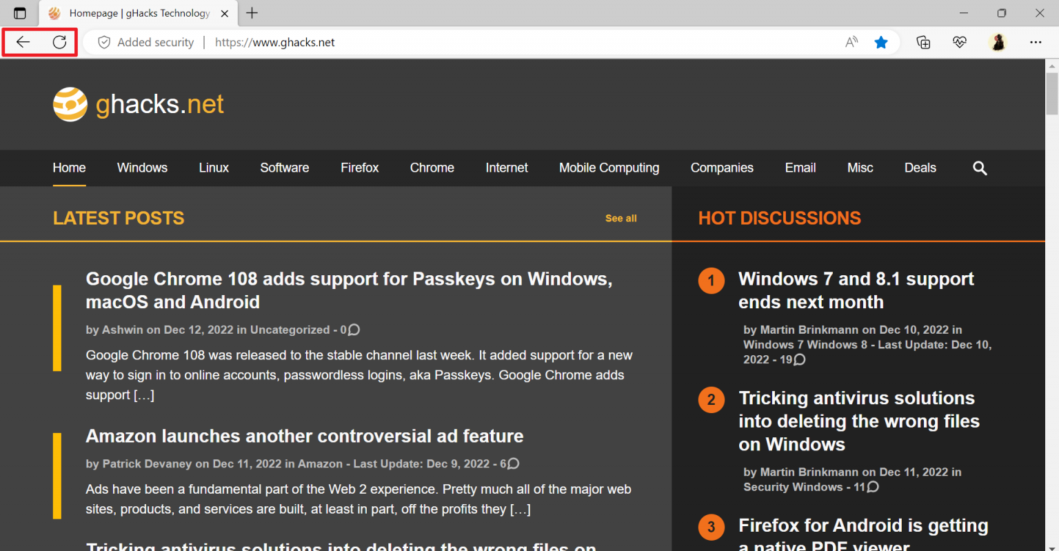 How to restore the Forward button in Microsoft Edge - gHacks Tech News