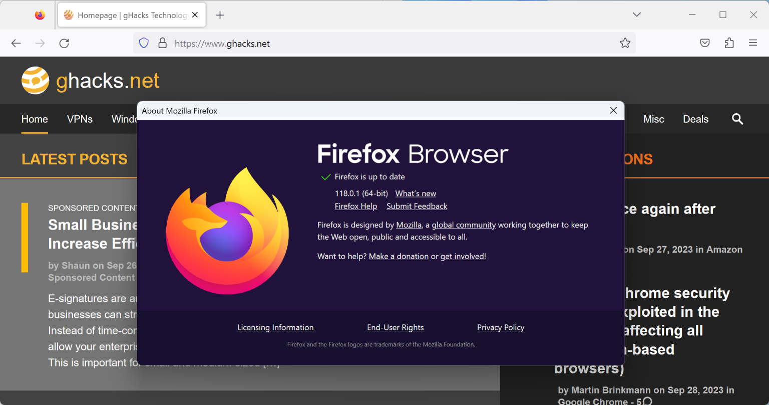 Firefox 118.0.1 and ESR 115.3.1 fix a critical security issue - gHacks Tech News