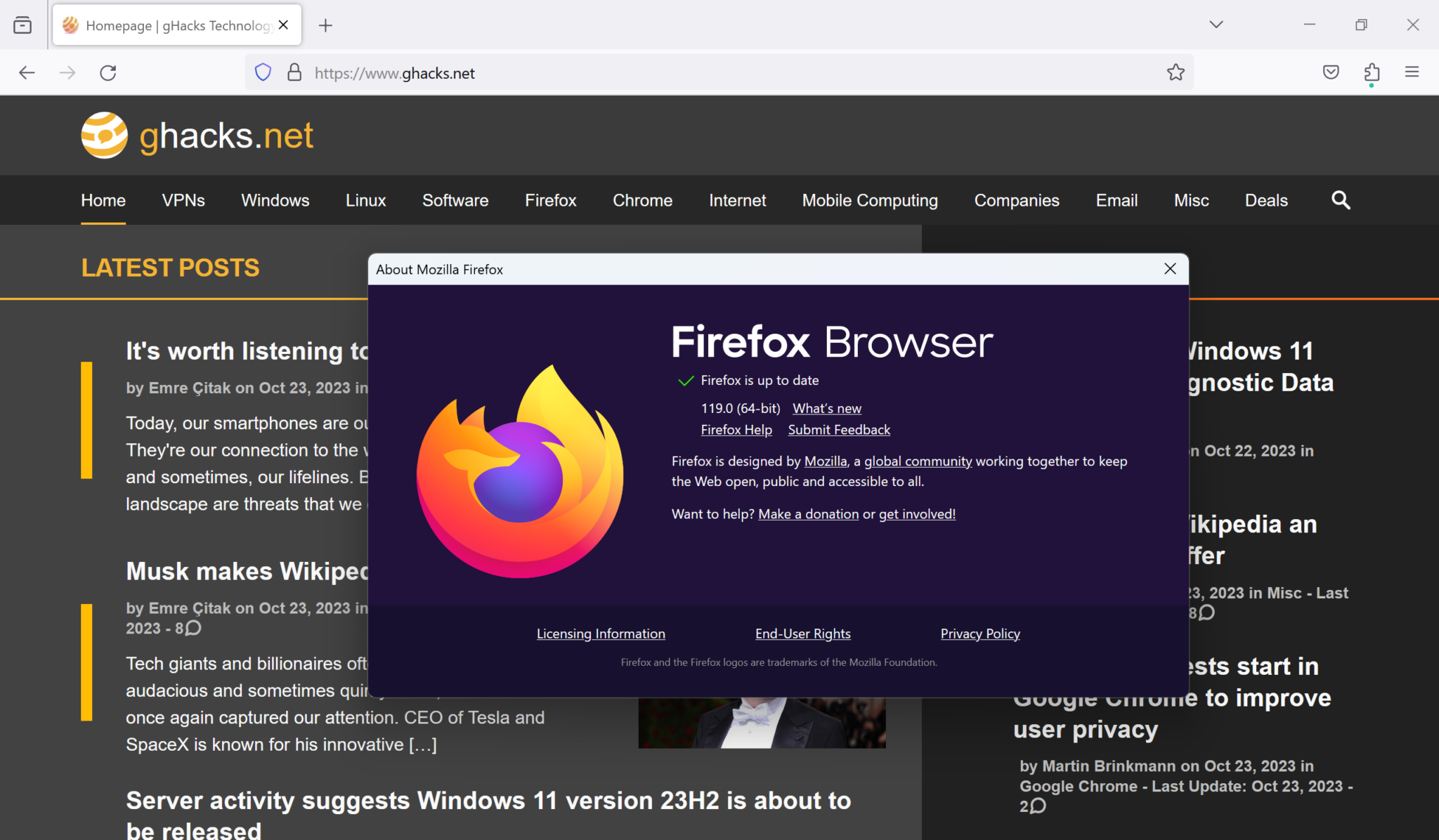 Firefox 119 ships with security fixes and privacy enhancements - gHacks Tech News