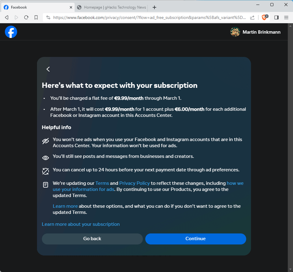 Facebook is now showing subscribe or continue with ads prompts to EU ...