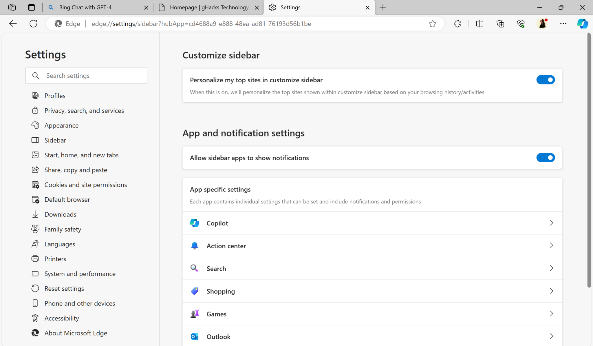 Microsoft hides sidebar controls in Copilot Settings in Edge - gHacks ...
