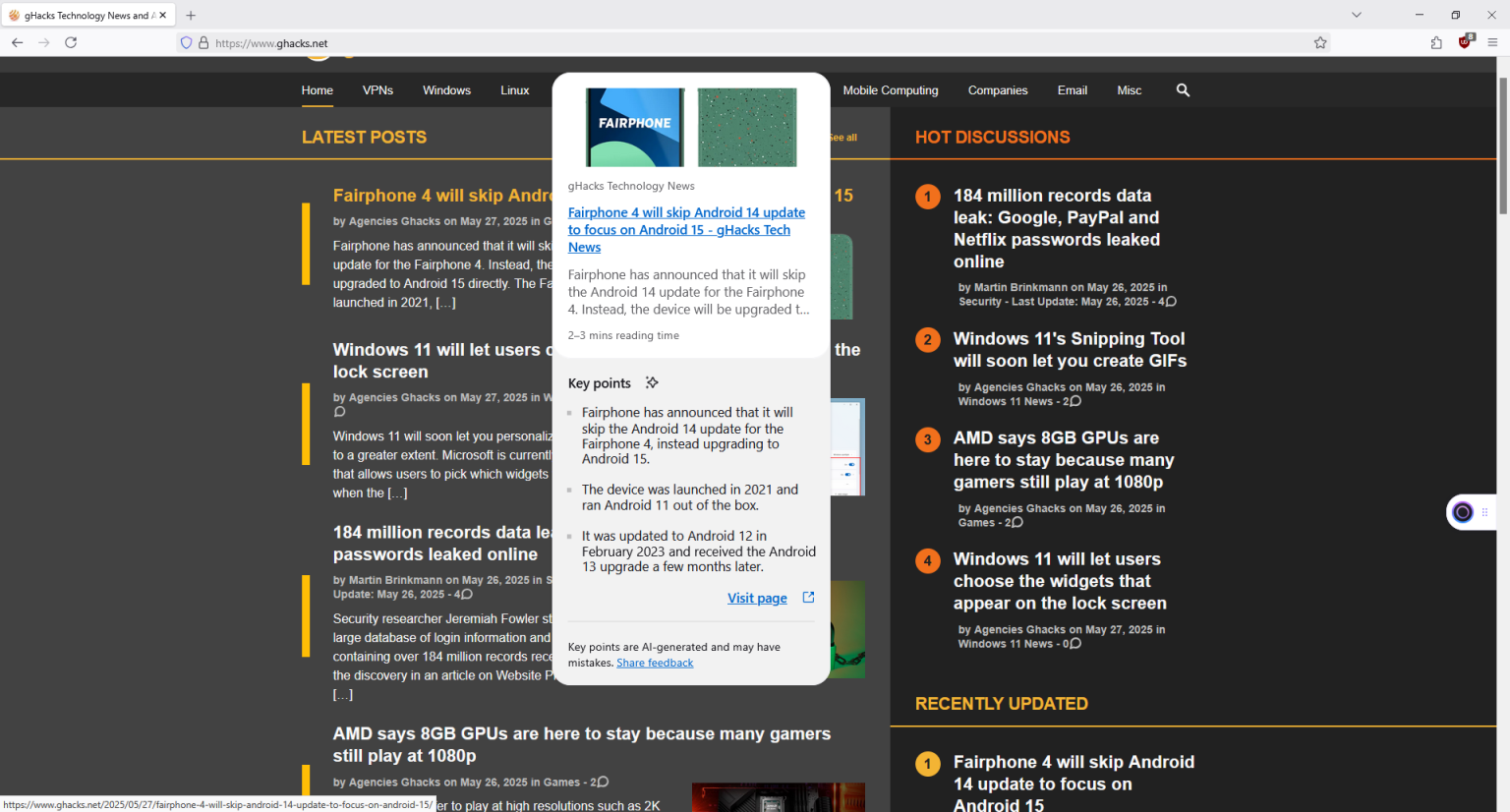 Firefox 139: Link Previews, New Tab Page, and Translation improvements - gHacks Tech News